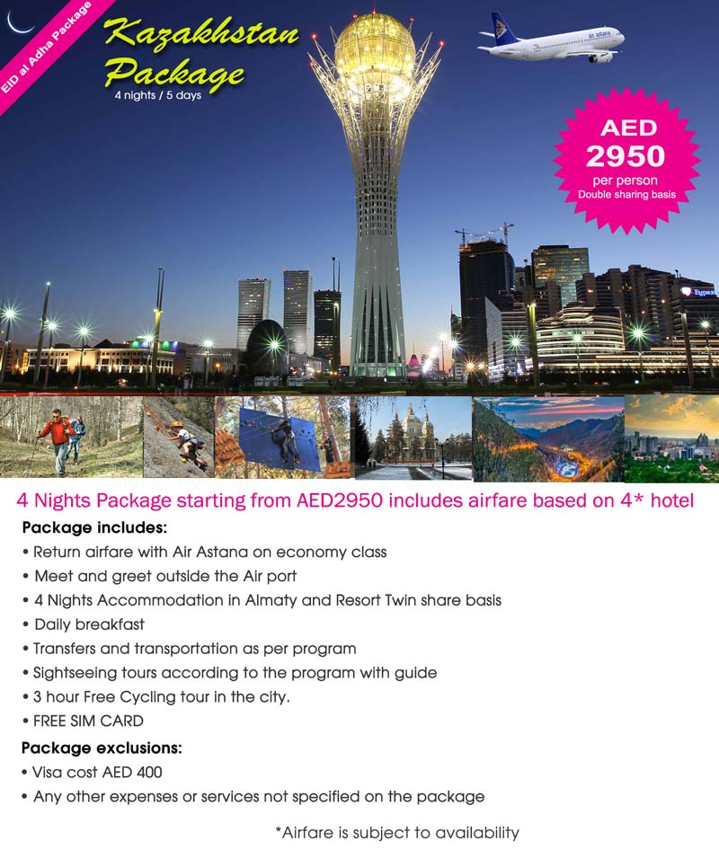 Kazakhstan Package 4 nights at 4* Hotel Accommodation return Air Tickets